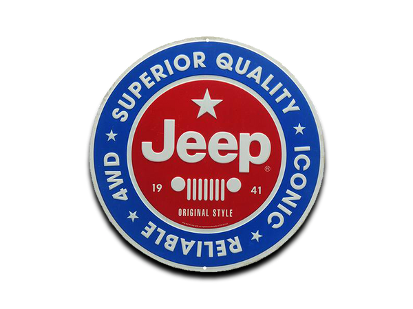 JEEP ROUND EMBOSSED TIN SIGN, 12" W X 12" H X 0.125" D – FORTEC4x4